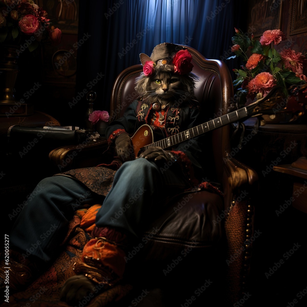 cat playing guitar on stage hippie dress like jimi hendrix illustration ...