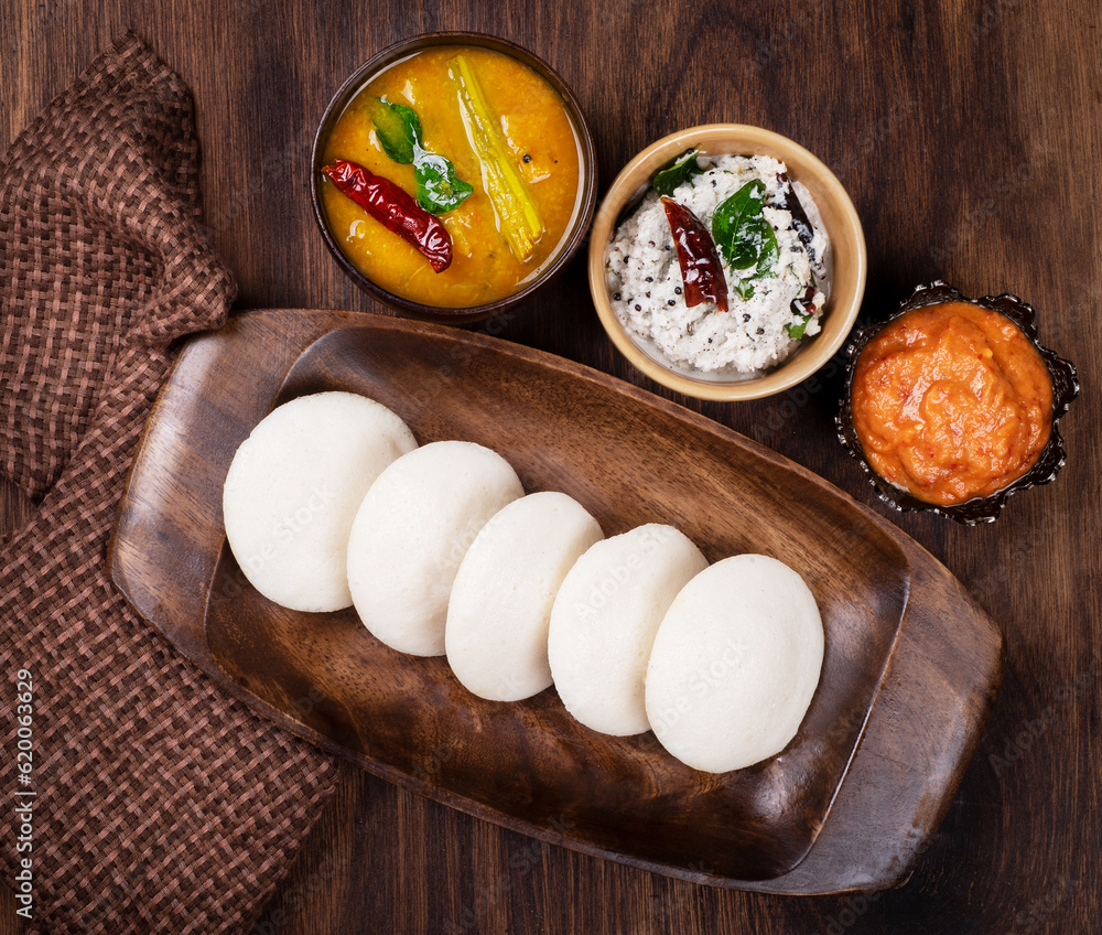 Famous south Indian dish idli with sambar and chutney Stock Photo ...