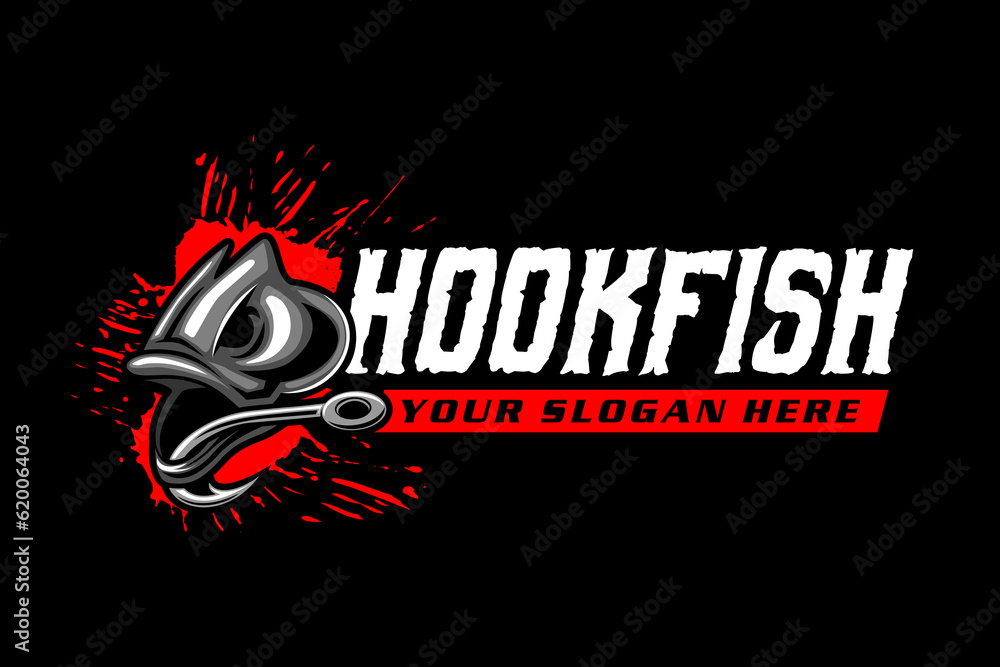 fishing logo fish and hook on black dark background design template ...