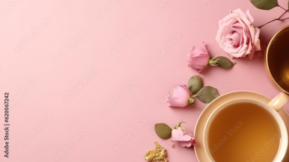 Top view of tea time in a cottage aesthetic minimal luxury room golden ...