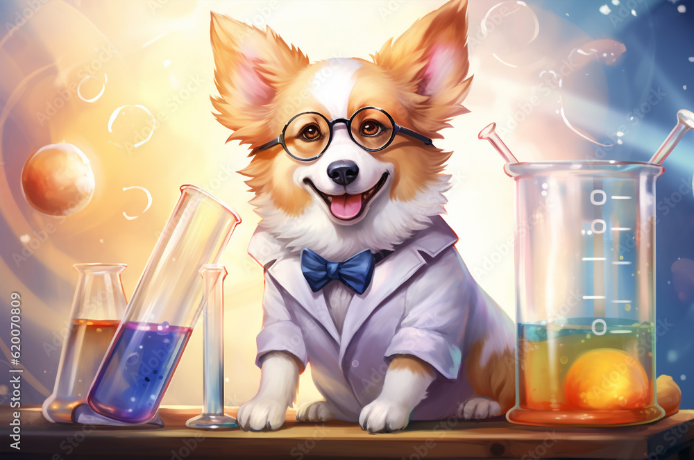 Dog chemist art. Corgi professor. Smart dog with test tubes. Generative ...