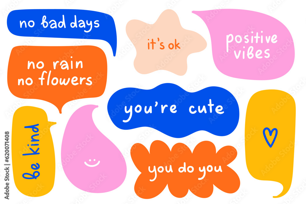 Vector collection of hand-drawn speech bubbles with positive quotes ...
