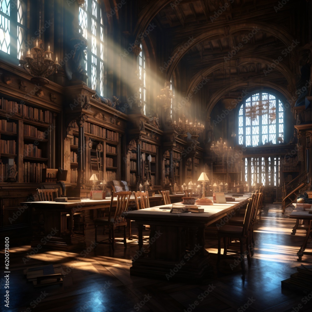 medieval library, gothic reading room interior with desks, old ...