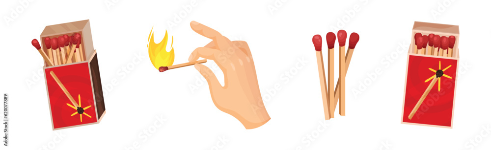 Matchbox and Match as Small Wooden Stick for Starting Fire Vector Set ...