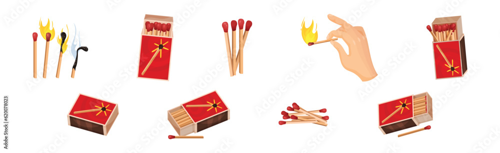 Matchbox and Match as Small Wooden Stick for Starting Fire Vector Set ...