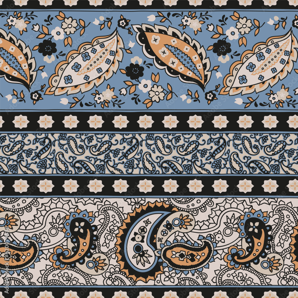 Ethnic Ornament Border Design - with blue floral composition the leaves ...