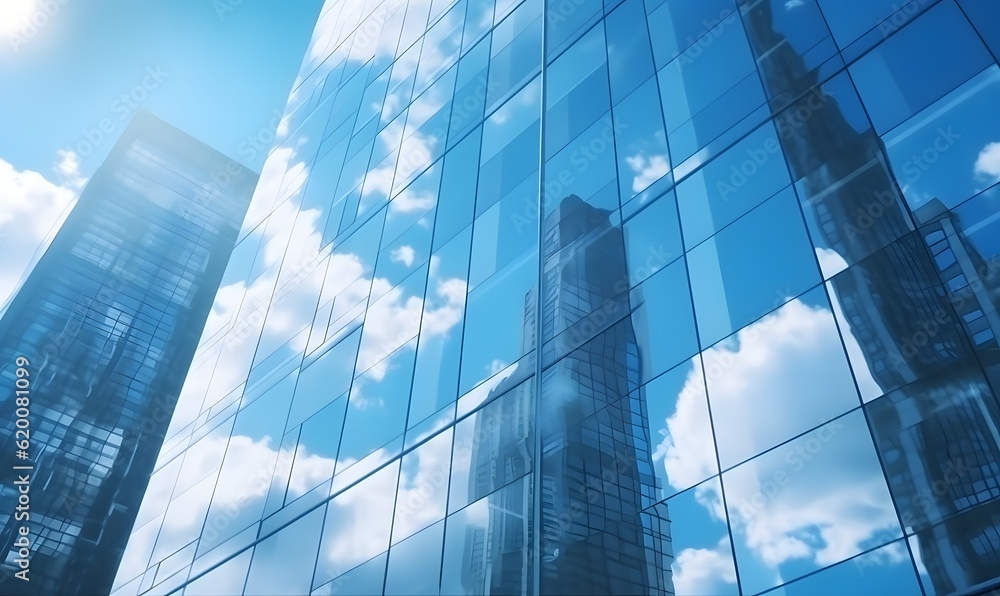 Reflective skyscrapers, business office buildings. Low angle ...