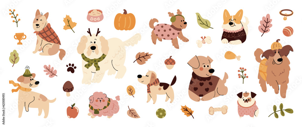 Set of cute animal vector. Autumn season with dogs, friendly pets ...
