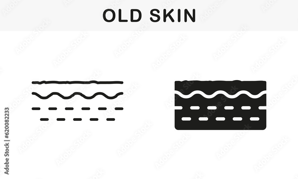 Old Skin Line and Silhouette Black Icon Set. Dermis Structure of Aged ...