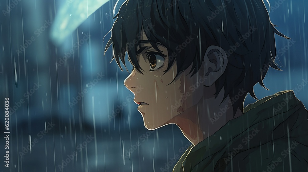 Captivating 4K anime boy in rain: melancholic cityscape illustration ...