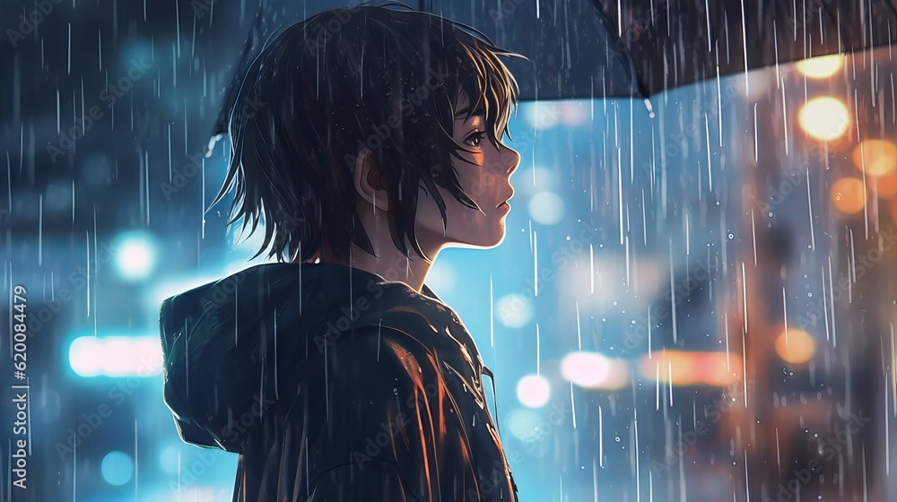 Boy with umbrella in rain - Anime girl standing in rain: captivating 4K ...