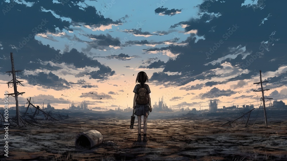 Desolate resilience: post-apocalyptic anime girl silhouette in a ...