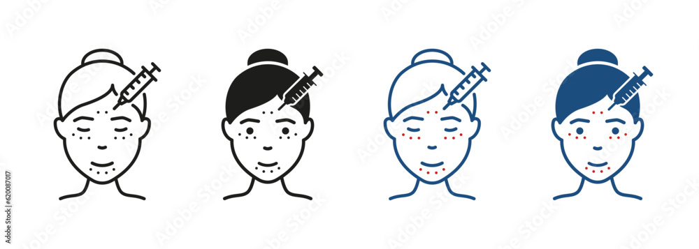 Woman Facial Injection Line and Silhouette Icon Set. Cosmetology Skin ...
