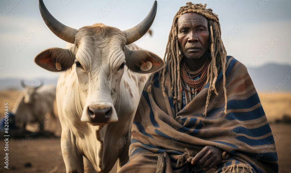African cattle herder with his prized bull, traditional nomadic ...