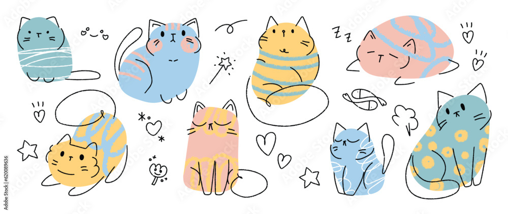 Cute and smile cat doodle vector set. Adorable cat or fluffy kitten ...