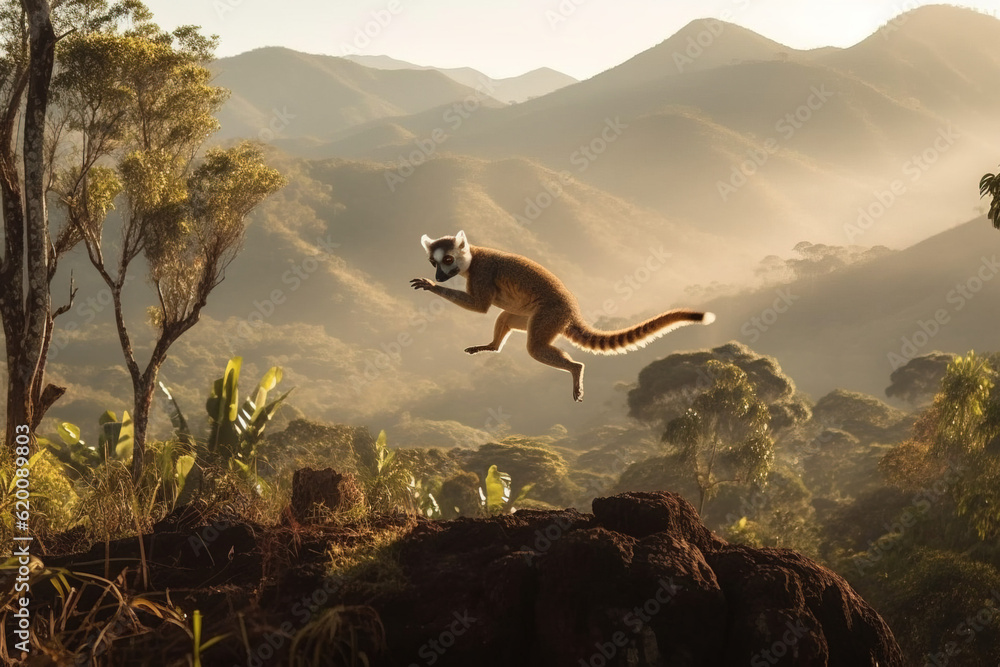 Photograph of a jumping ring-tailed lemur in front of a bokeh big ...