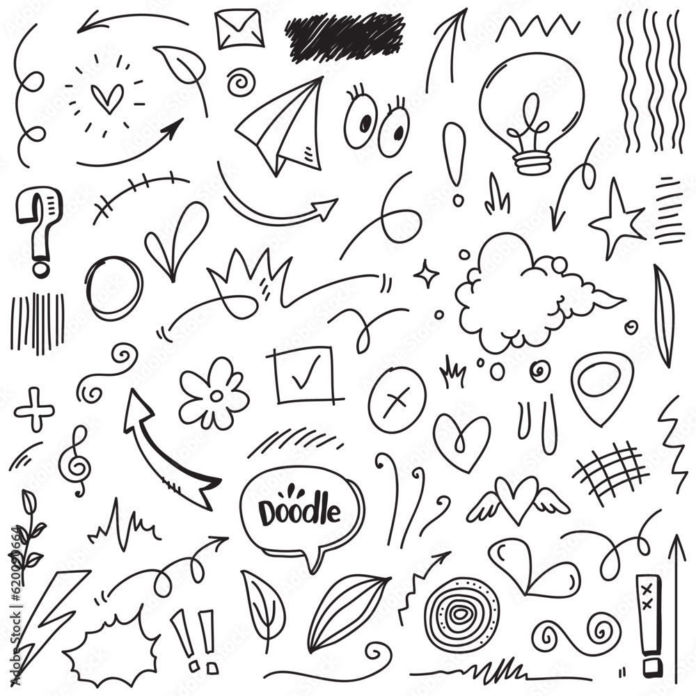 Vector set of hand-drawn cartoony expression sign doodle, curve ...