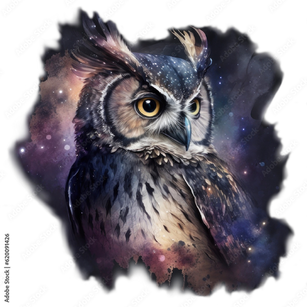 Celestial great horned owl, night Eagle owl digital illustration isolated with a transparent ...