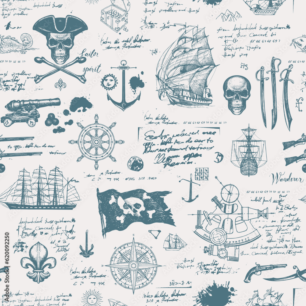 Vector abstract seamless pattern with Jolly Roger skulls, crossbones ...