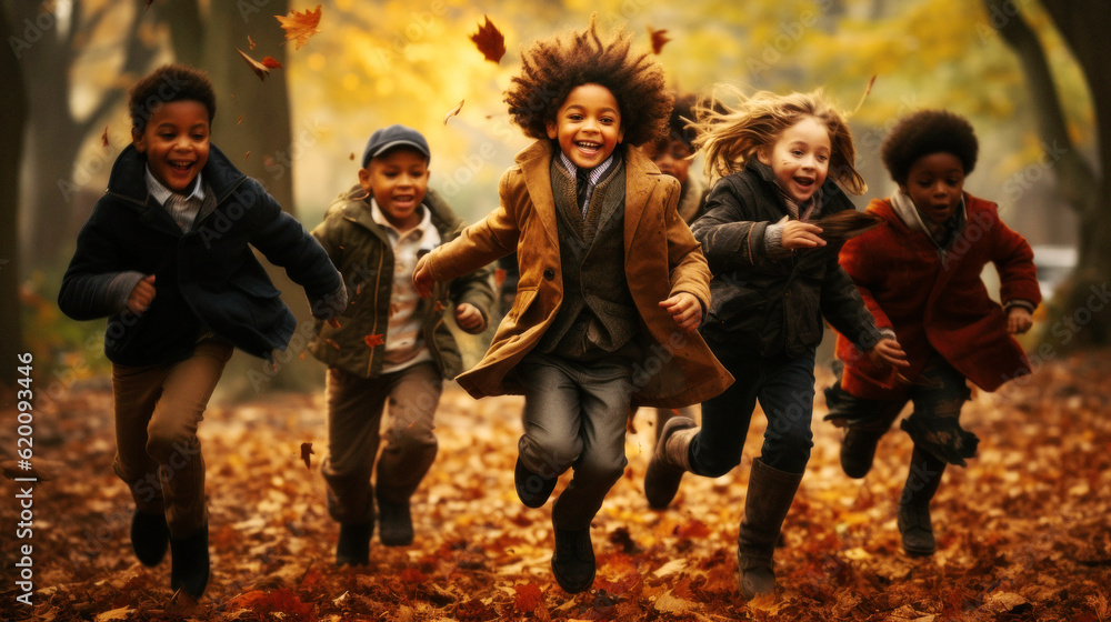 Pure Joy. Children of all races create joyous uproar in an autumn park ...