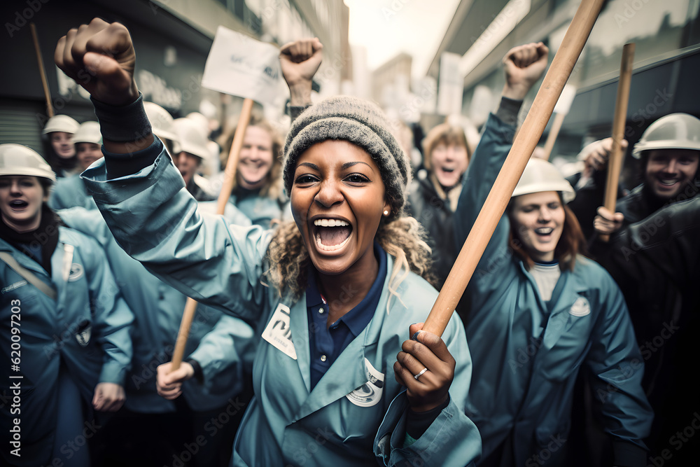 Angry Nurses outside in a group on the picket line, wearing blue ...