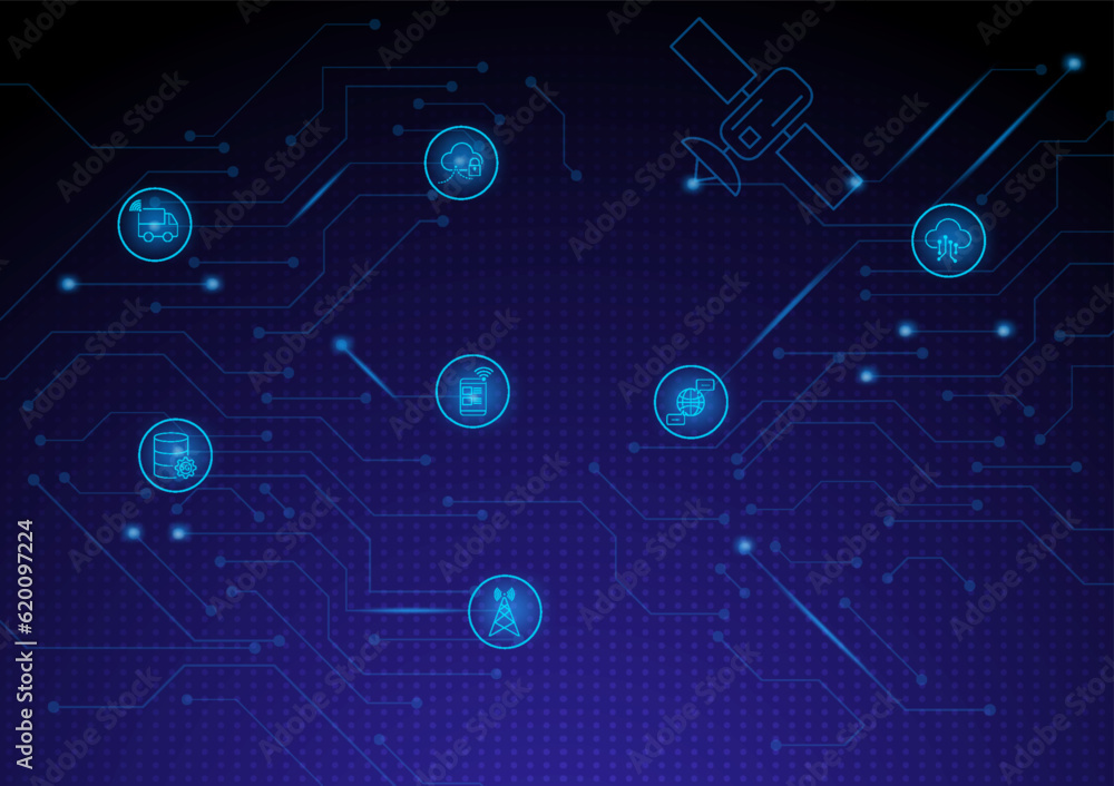 Telecom wireless circuit communication technology background. Dot blue ...