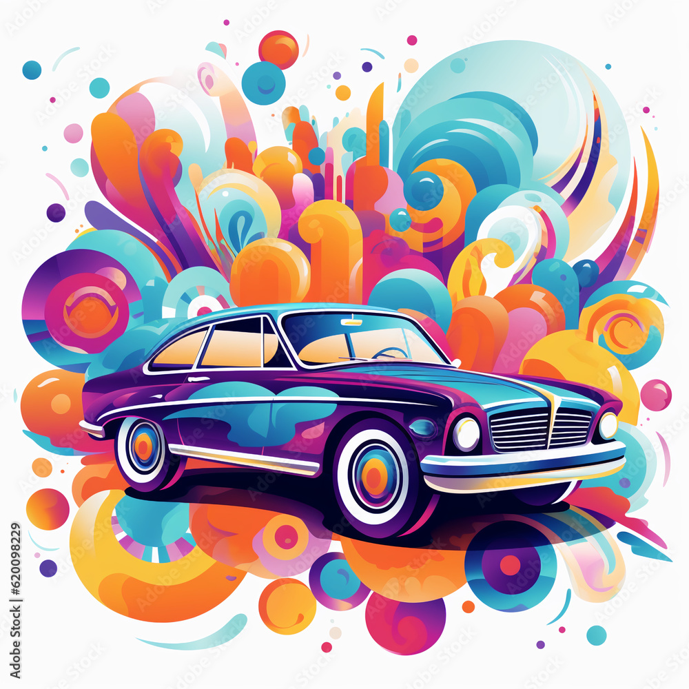 Psychedelic Spaces: Flat Cartoon Illustration of Cars in a Vibrant ...