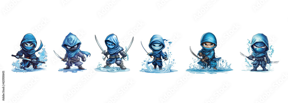 Illustration Set of blue cute ninjas on transparent background for ...