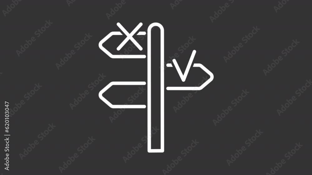 Animated signpost white icon. Decision making line animation. Right ...
