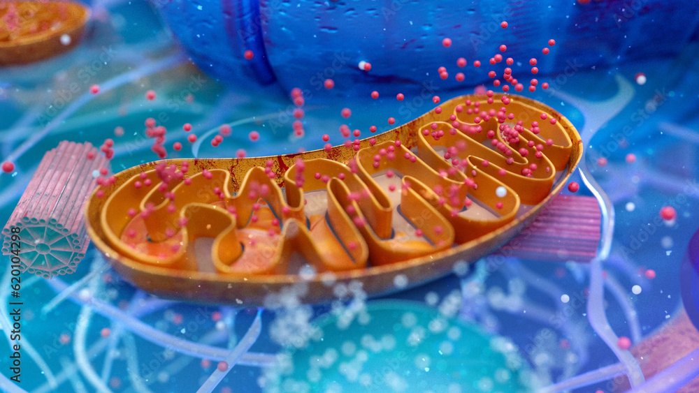 Abstract 3D illustration of the biological cell and the mitochondria ...