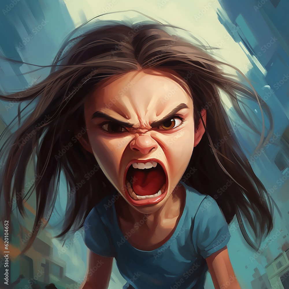 Generative AI the portrait of a 10-year-old girl who is angry Stock ...