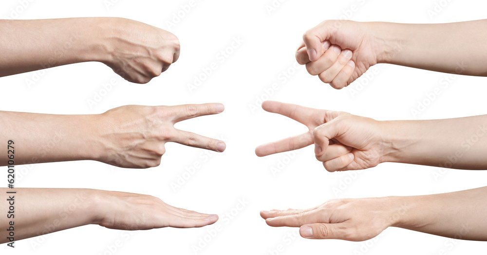 Set of hands playing a "Stone-scissors-paper" game, cut out Stock Photo ...