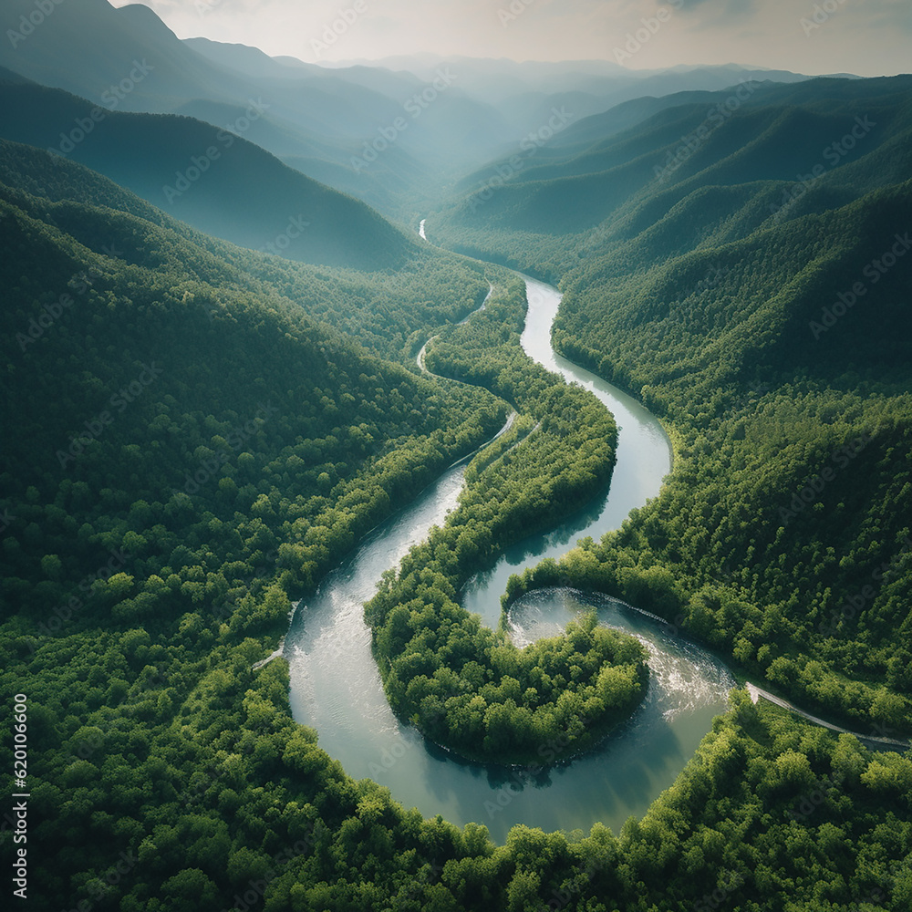 An aerial view of a meandering river snaking through a valley, surrounded by lush forests and ...