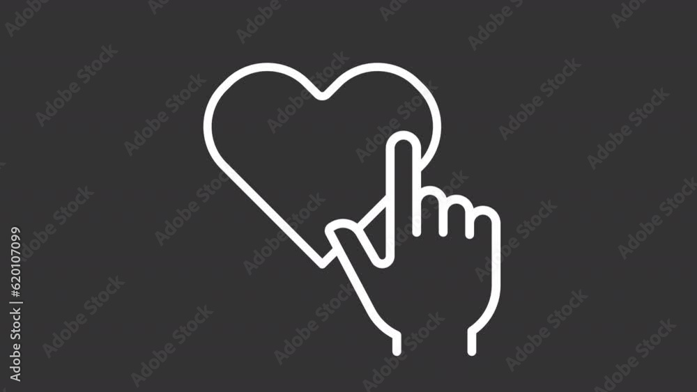 Animated like button white line icon. Finger touching heart symbol animation. Social interaction ...