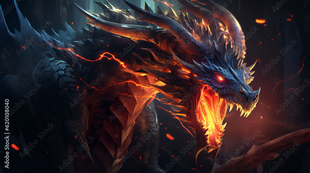 Mighty giant fantasy dragon breathing fire on dark flames background ...