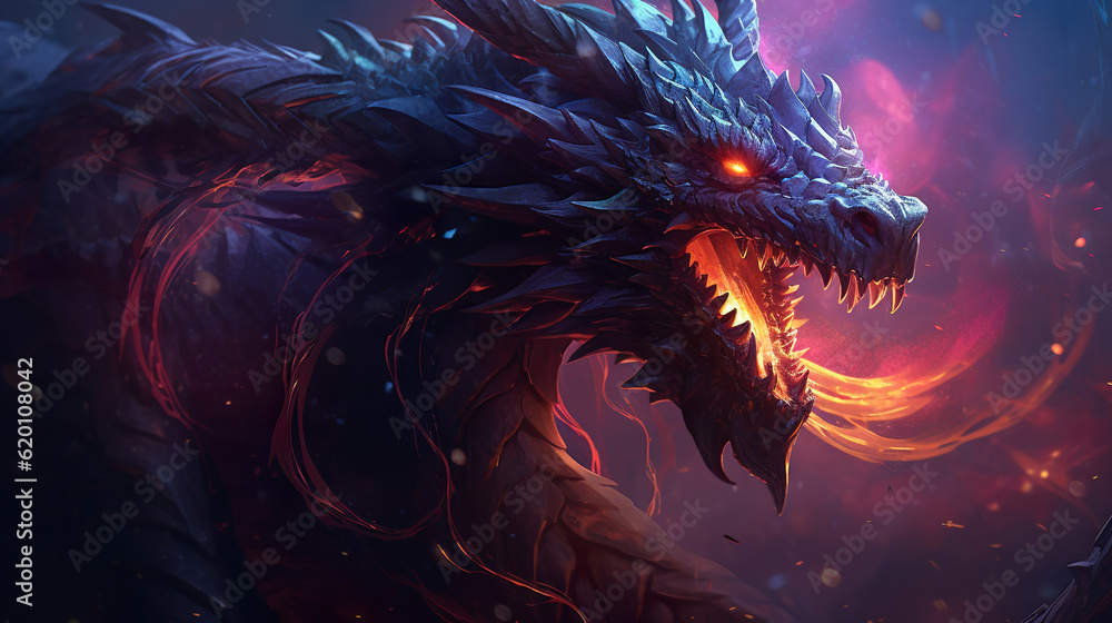 Mighty giant fantasy dragon breathing fire on dark flames background ...