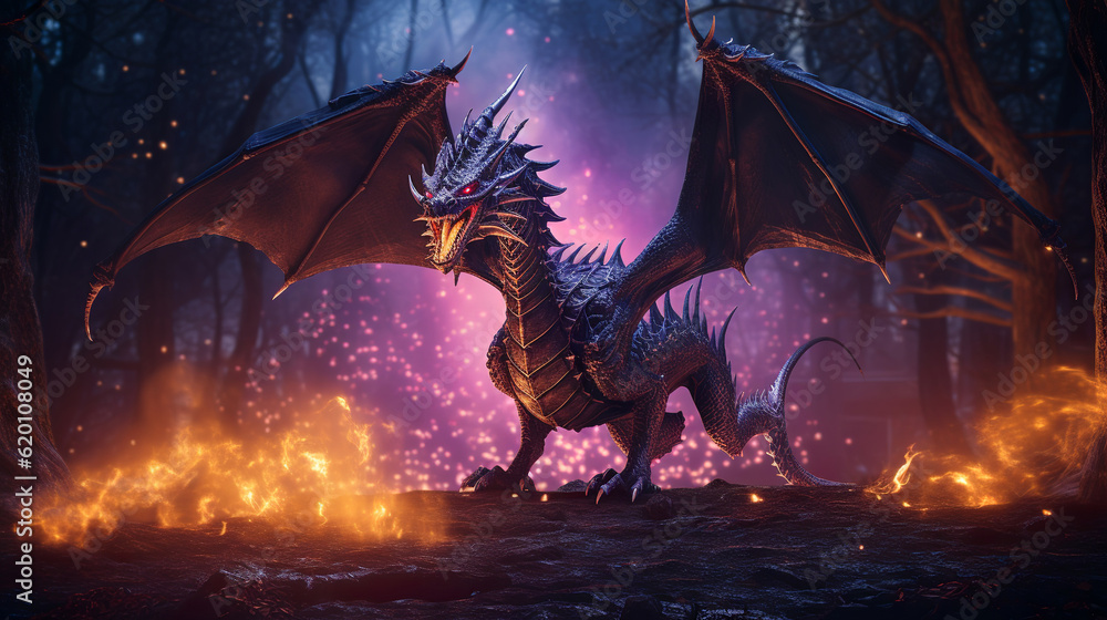 Mighty giant fantasy dragon breathing fire on dark flames background ...