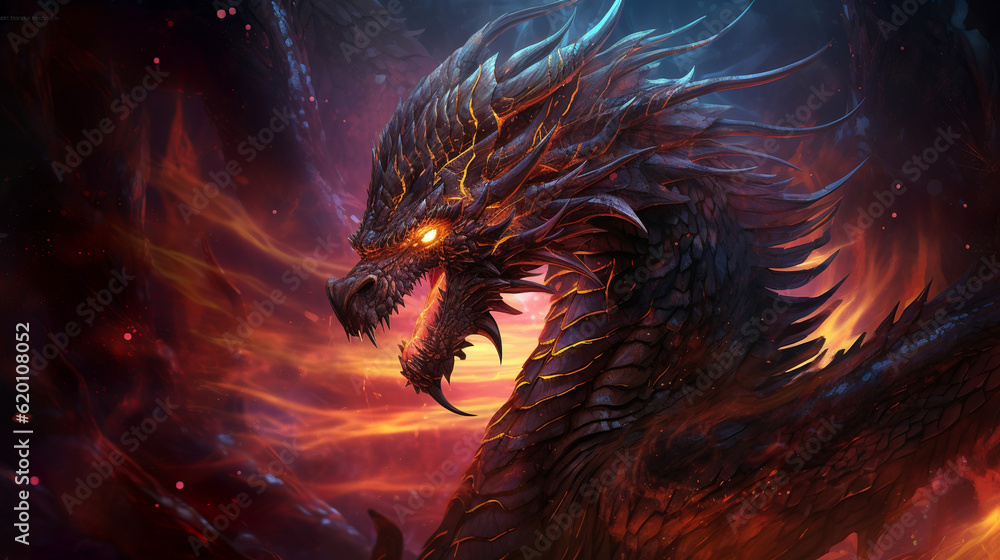 Mighty giant fantasy dragon breathing fire on dark flames background ...