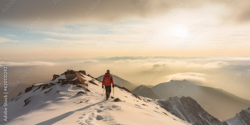 Climber or hiker reaches the top of a mountain covered with snow ...