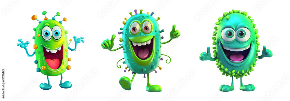 Collection of cartoon bacteria isolated, set of funny microbes and ...