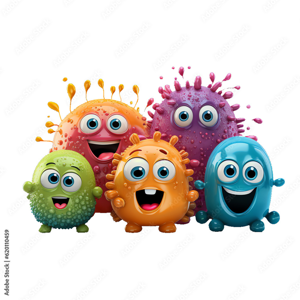 Cartoon bacteria family, funny microbes and viruses, friendly ...