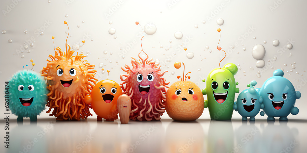 Cartoon bacteria family, funny microbes and viruses, friendly ...