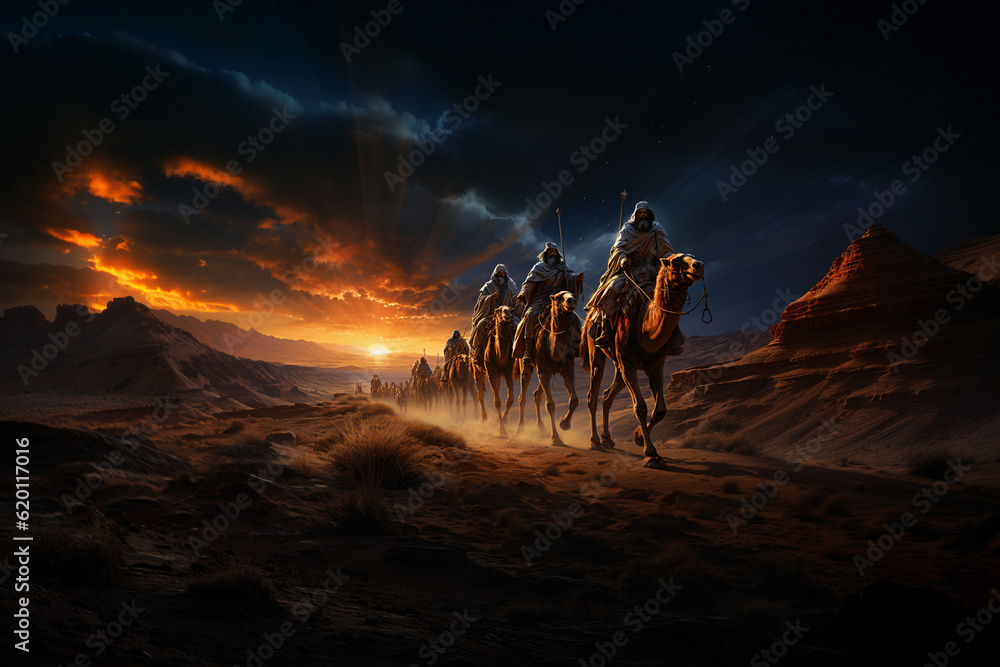 Birth of Jesus Christ in Bethlehem, three kings riding on camels ...