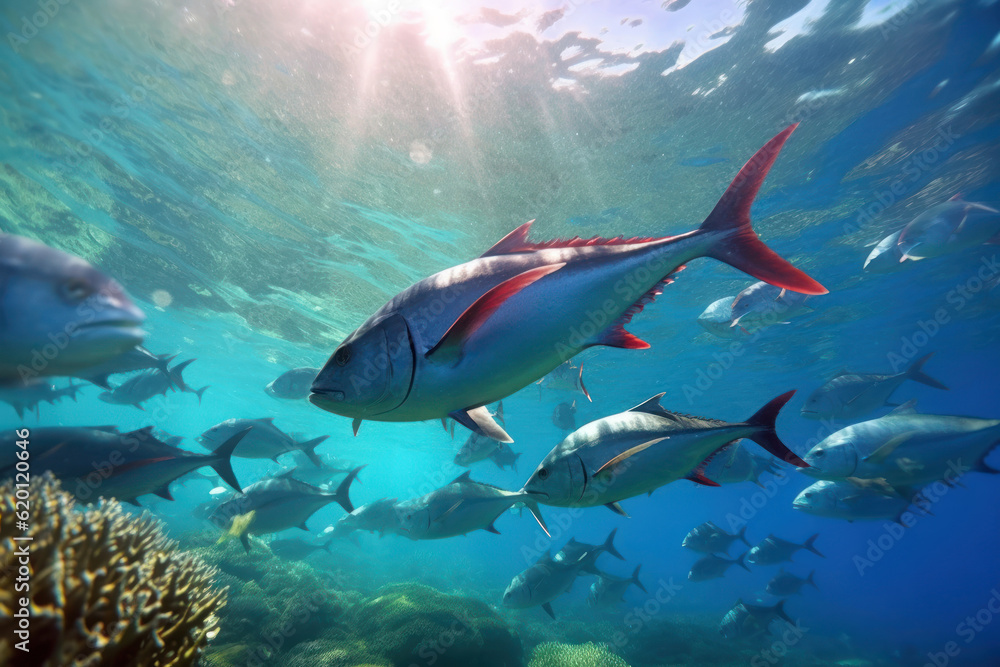 Group of tuna swimming gracefully in the crystal-clear sea, surrounded ...
