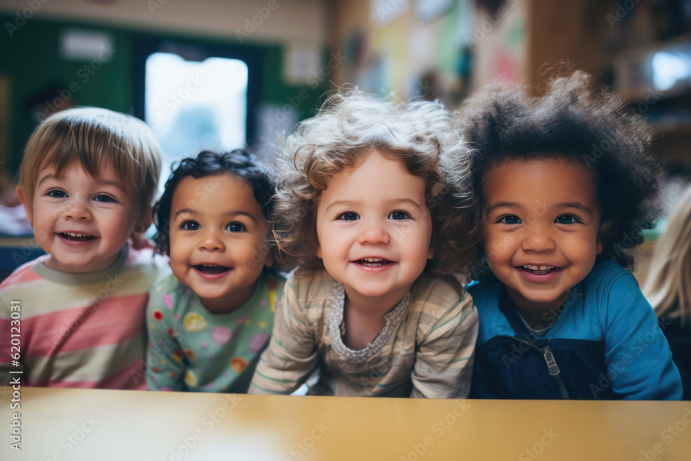 Portrait of four happy toddlers sitting in the classroom of the nursery ...