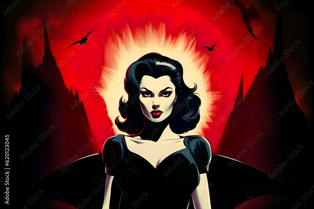 Charming Vampire Woman - Retro Comic Style - Halloween Background with ...