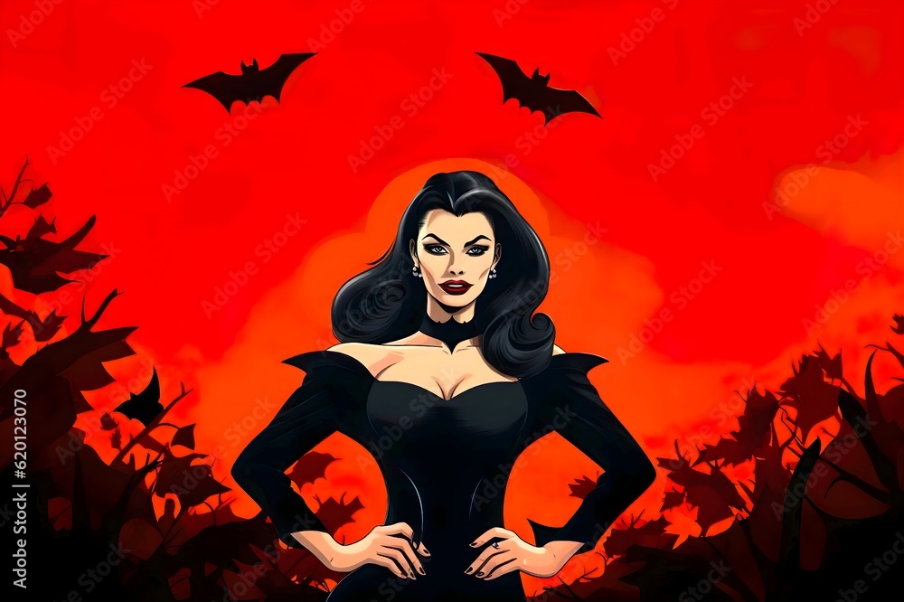 Charming Vampire Woman - Retro Comic Style - Halloween Background with ...