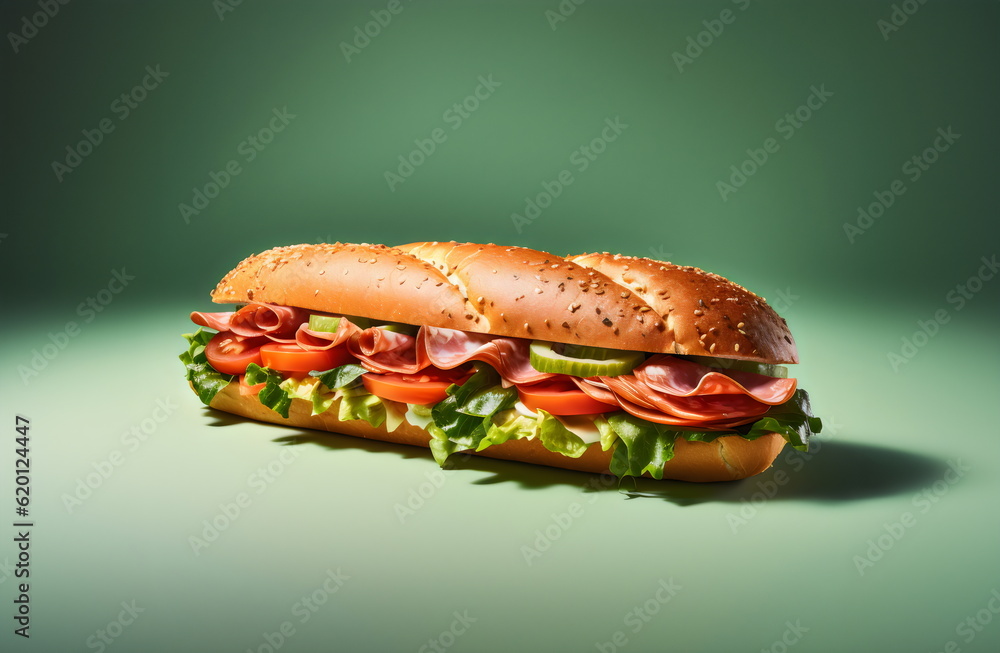 footlong sub sandwich isolated on plain green studio background, made ...