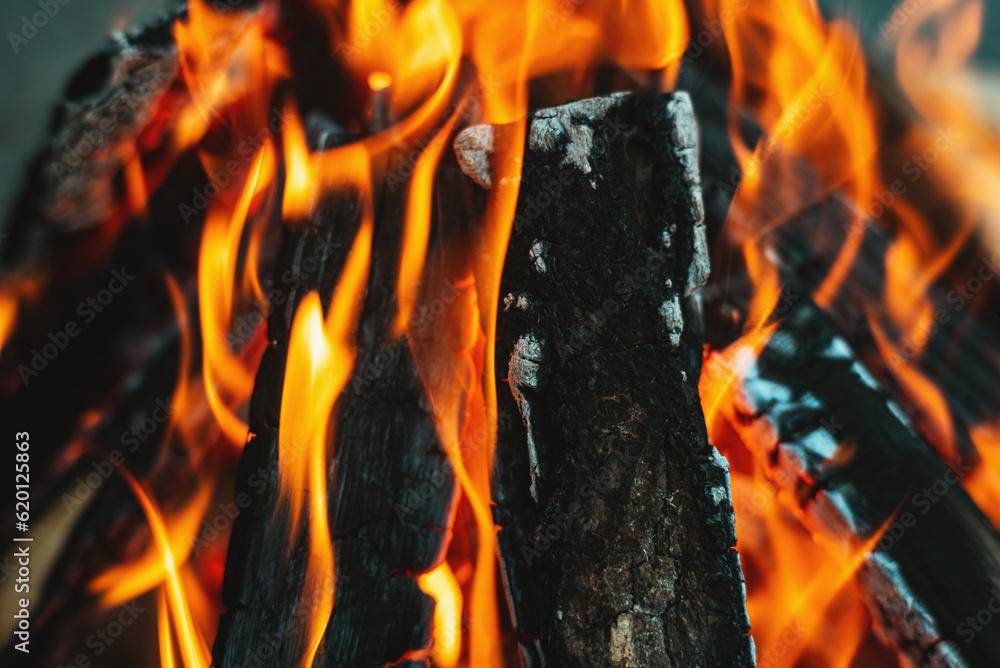 A bright flame of fire over a campfire. Wooden wood stacked in a ...