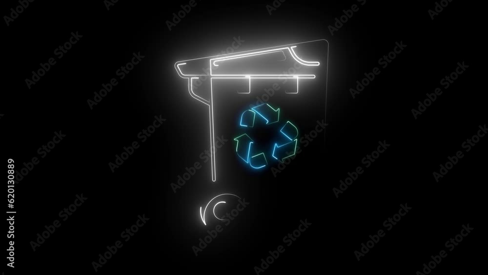 trash can animation with neon lines with glow. On the surface there is ...